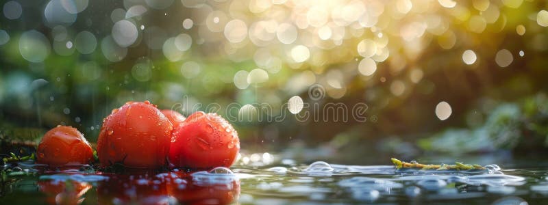 Red Tomatoes Floating in Sparkling Water with Bokeh Lights Stock Image ...
