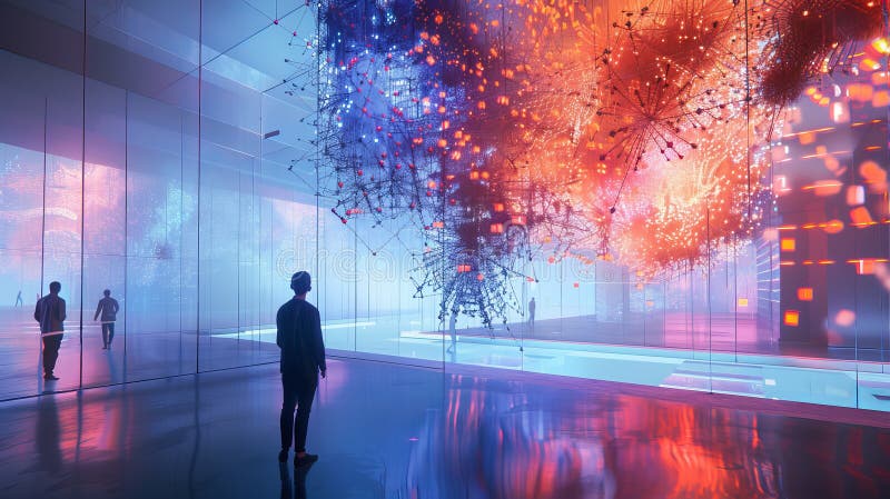 Futuristic Exhibition with Interactive Light Trees Stock Illustration ...