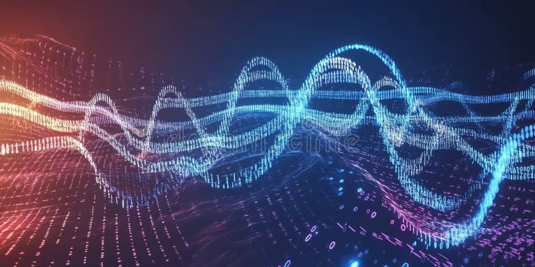 A Visually Dynamic Abstract Background Featuring Cascading Waves of Luminous Binary Code, Softly ...