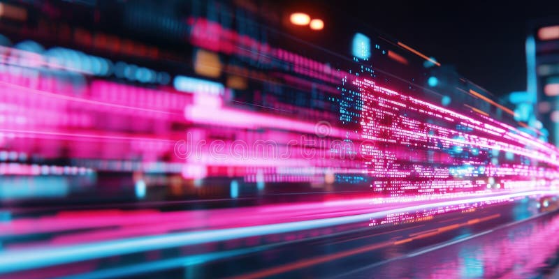 Neon Data Stream with Motion Blur and Binary Code Stock Illustration - Illustration of ...