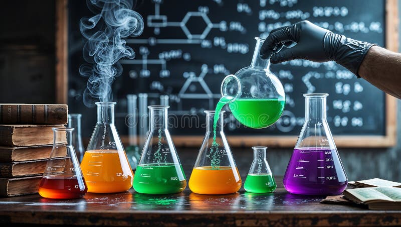 Chemistry Lab Setup with Glass Flasks and Beakers of Colorful Liquids ...