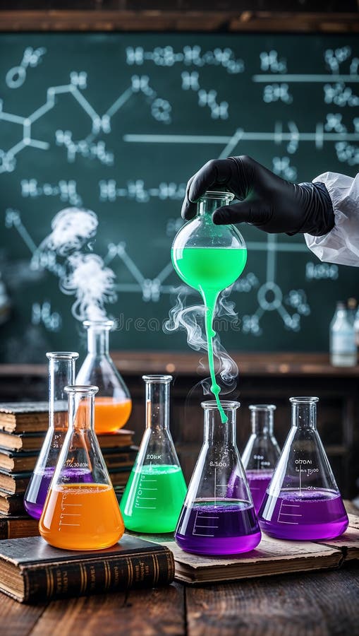 Chemistry Lab Setup with Glass Flasks and Beakers of Colorful Liquids ...