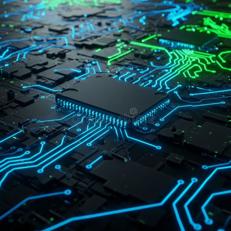 A Visually Engaging Circuit Board Features Interconnected Electronic ...