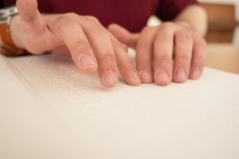A Visually Impaired Man Uses a Scanning and Reading Machine. Stock ...