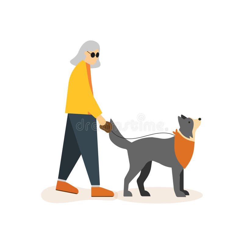 Visually Impaired Woman Walking with Her Guide Dog.Vector Illustrator ...