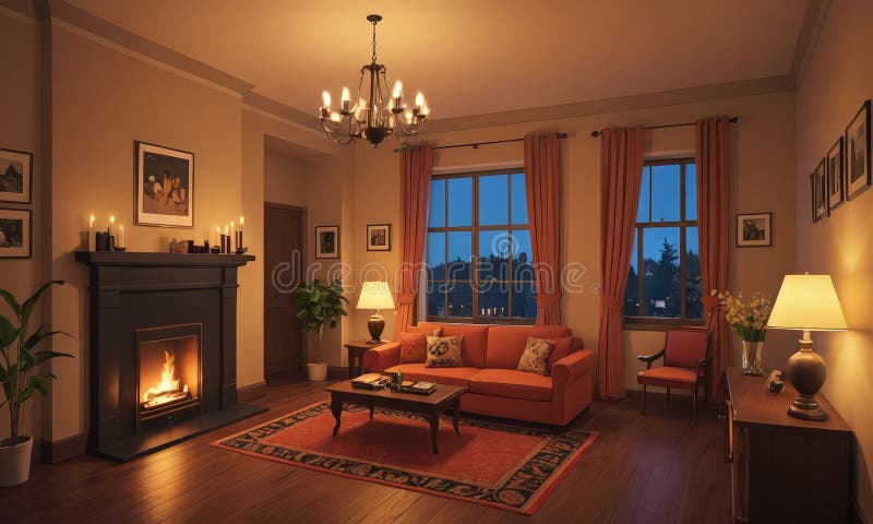 Living Room with Fire Place and Couch Stock Illustration - Illustration ...