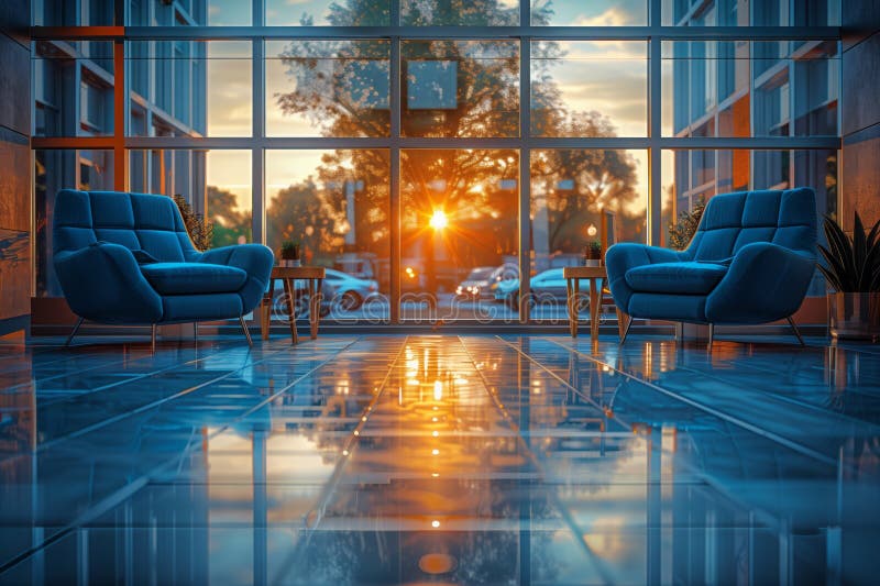 Visually Pleasing Modern Lobby Features Blue Chairs and a Sunrise Seen ...