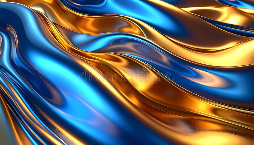 Blue and Gold Metallic Fluid Waves Abstract Background with Glossy ...