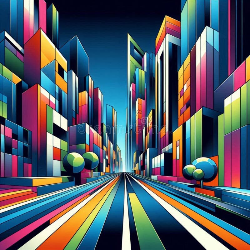 Vibrant Cubism Style Cityscape with Dynamic Geometric Buildings Stock ...