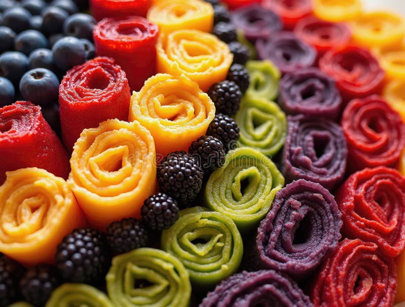 A Visually Striking Arrangement of Colorful Fruit Rolls is Created in a ...