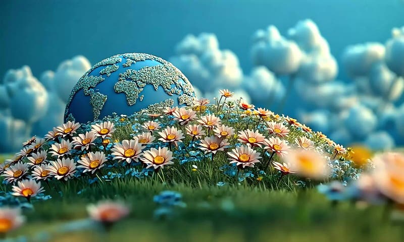 Earth Globe Nestled in Spring Flowers, Dreamy Cloudscape Background ...
