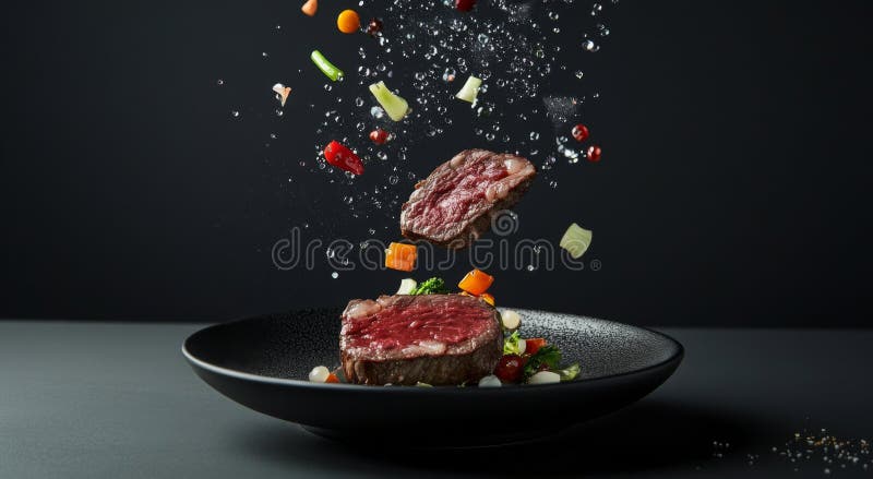 Dynamic Beef Dish with Floating Vegetables and Water Droplets Stock ...
