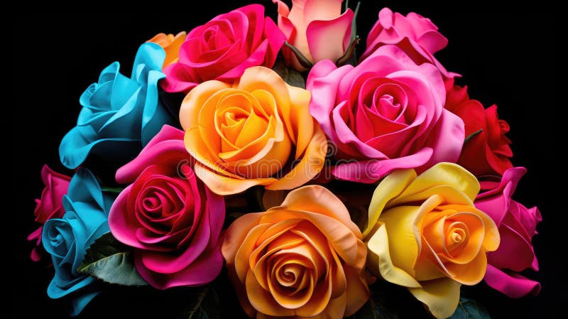 Multicolored Rose Bouquet on Black Background Stock Illustration ...