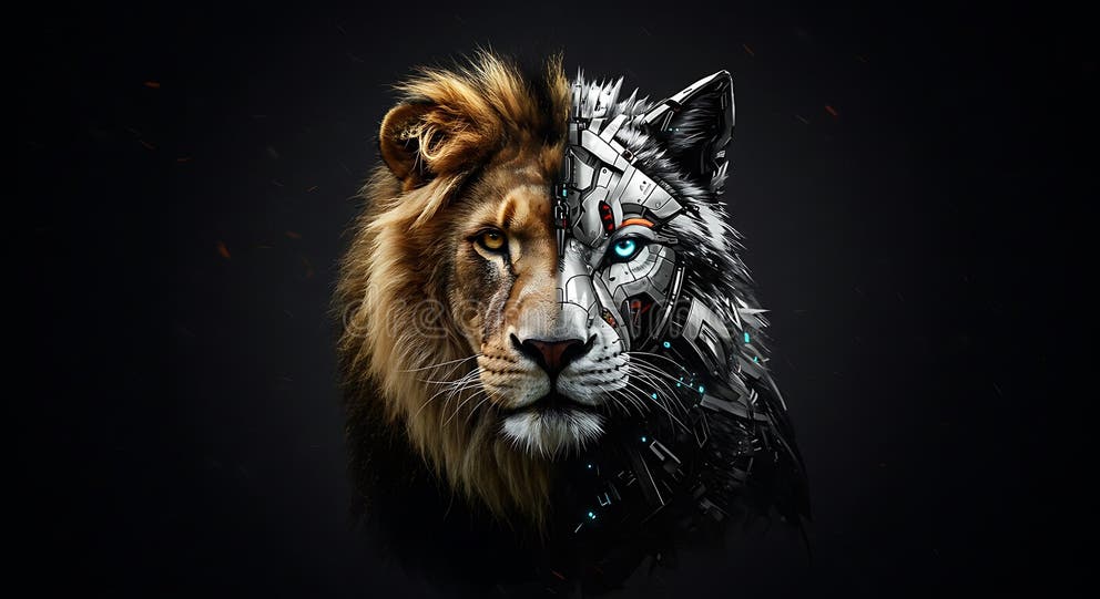 A Visually Striking Composite Image Features a Lion S Face Split Down ...