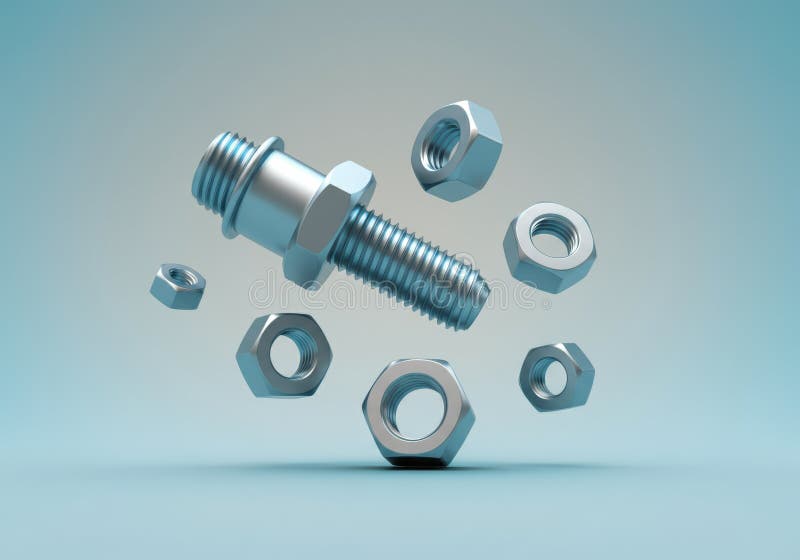 Metallic Bolt and Nuts Floating in a Clean, Modern Design Stock Photo ...