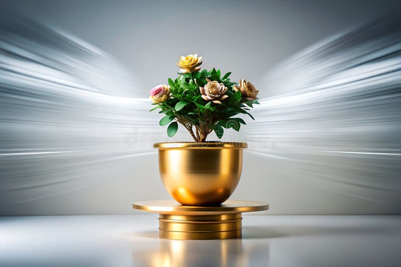 3D Animated Flower Pot on Rotating Golden Podium with Morphing Petals ...