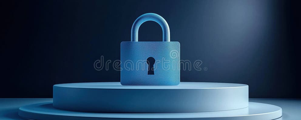 3D Render of a Blue Padlock on a Circular Platform with Light Stock ...