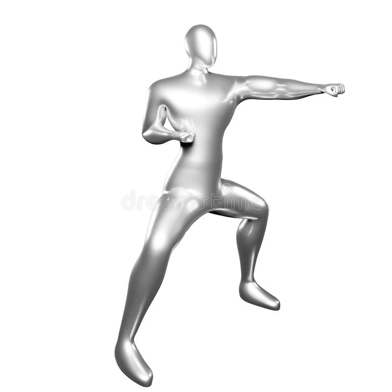 3D Render of Silver Stickman Karate Pose with Left Hand Punching ...