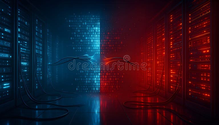 Futuristic Data Center with Blue and Red Lighting Connected by Cables ...