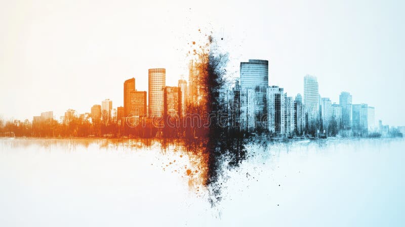 Abstract City Skyline Split into Warm and Cool Tones Stock Photo ...