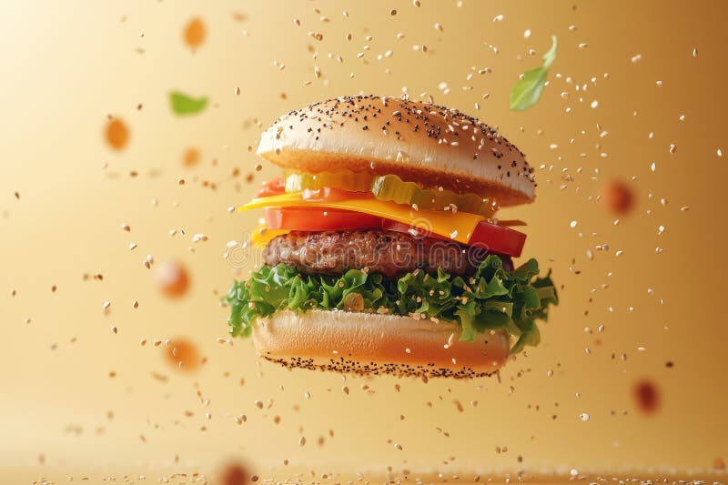 Floating Burger with Vibrant Layers of Ingredients Stock Photo - Image ...