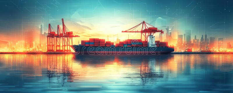Container Cargo Ship Docked at Port with Cranes during Digital Dawn ...