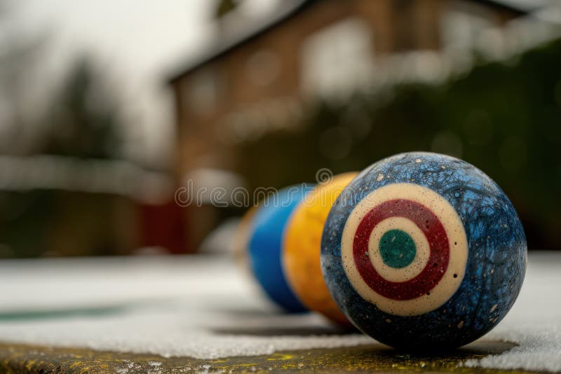 Curling Stone and Ice on Red and Blue Circle with Pebbles - Winter ...