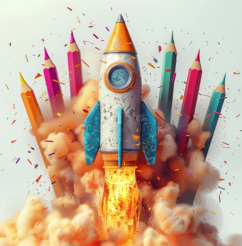 Creative Rocket Launch Constructed from Colorful Pencils, Symbolizing ...