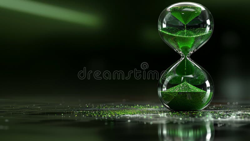 Green Sand Hourglass on Reflective Surface - Time, Countdown, and ...