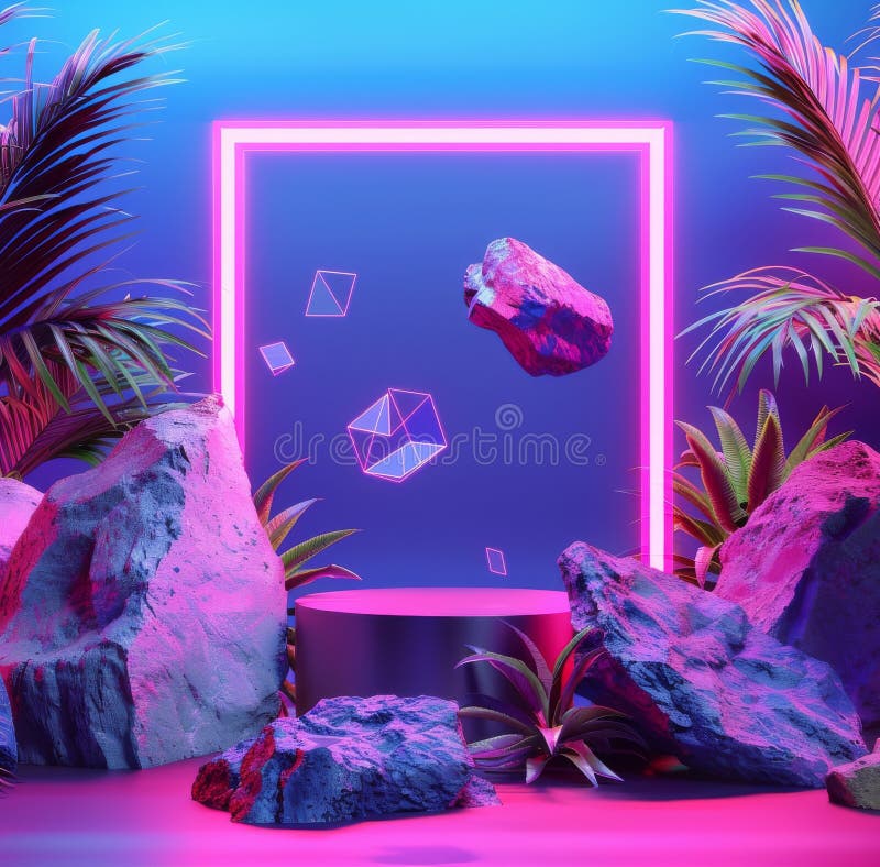 Pink Neon Frame with Geometric Shapes and Floating Rocks in a Tropical ...