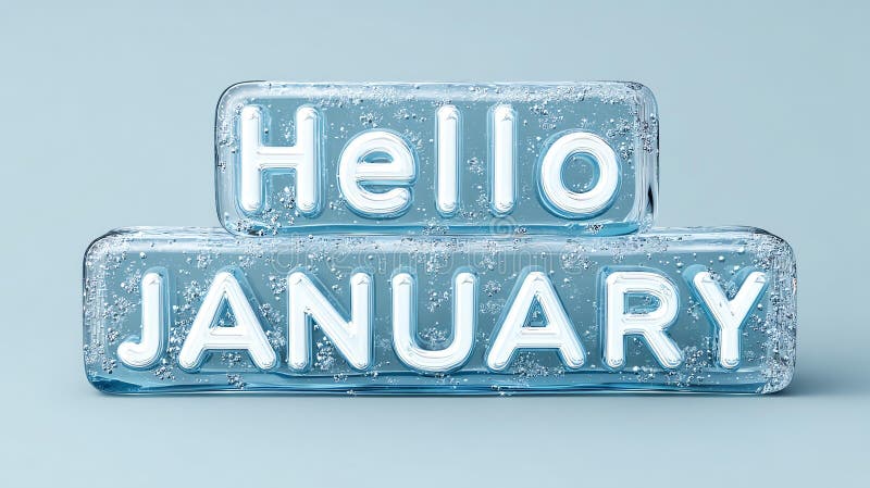 Frozen Text with "Hello January" in Clear Ice Blocks on Light ...