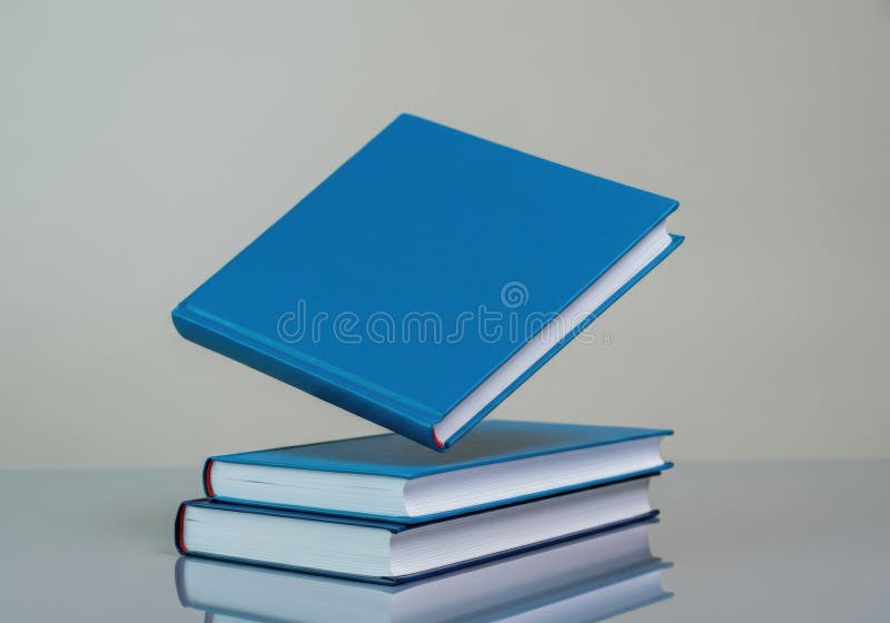 Floating Blue Book Above Stacked Books on a Reflective Surface Stock ...