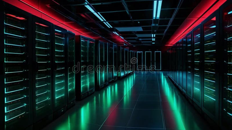 A High-tech Data Center with Rows of Illuminated Server Racks, Glowing in Green and Red Lights ...