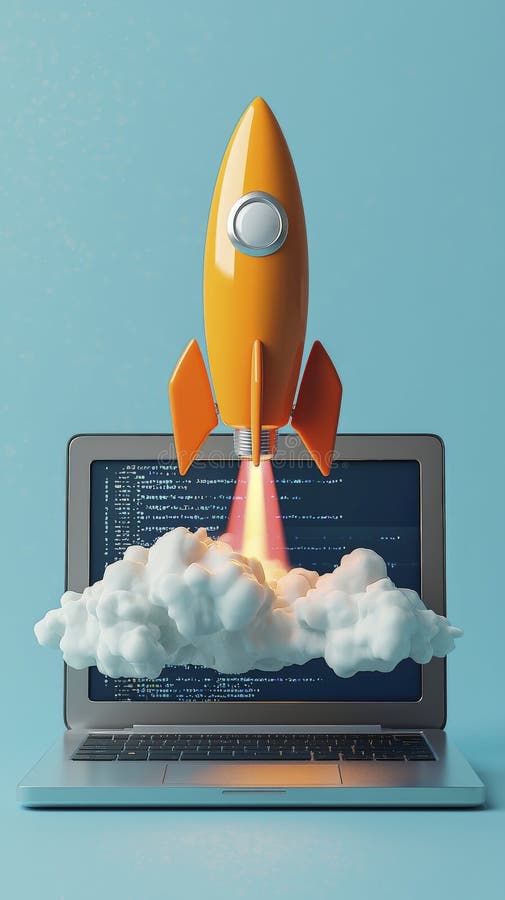 Stylized Rocket Taking Off from Computer Screen Stock Illustration ...