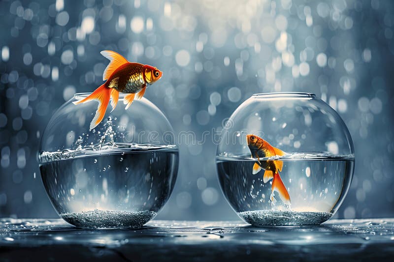 Two Fish in Separate Bowls. One Fish is Jumping from One Bowl To ...