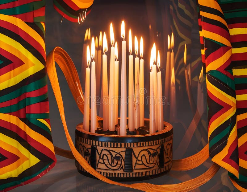 A Visually Striking Kwanzaa Kinara with Bold, Swirling Kente Cloth ...