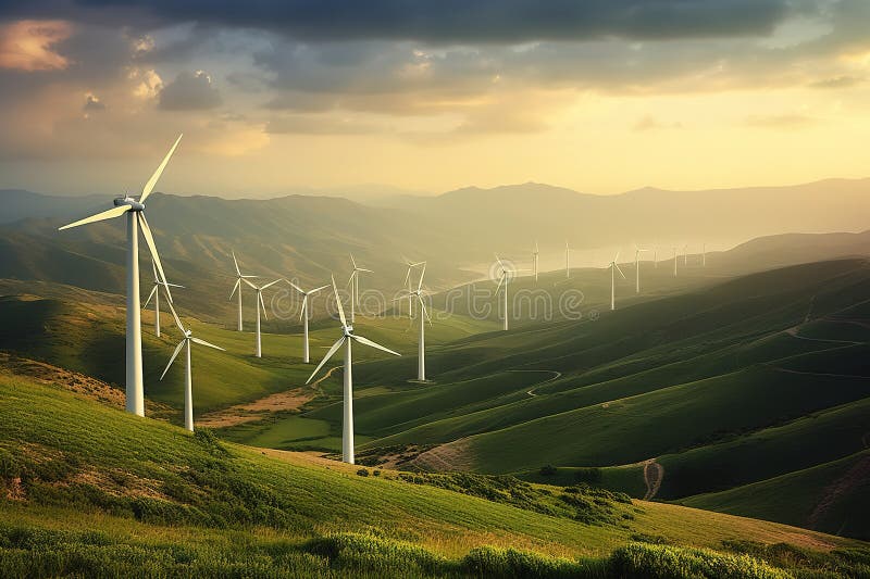 A Visually Striking, Panoramic Image of a Large Wind Farm, Showcasing ...