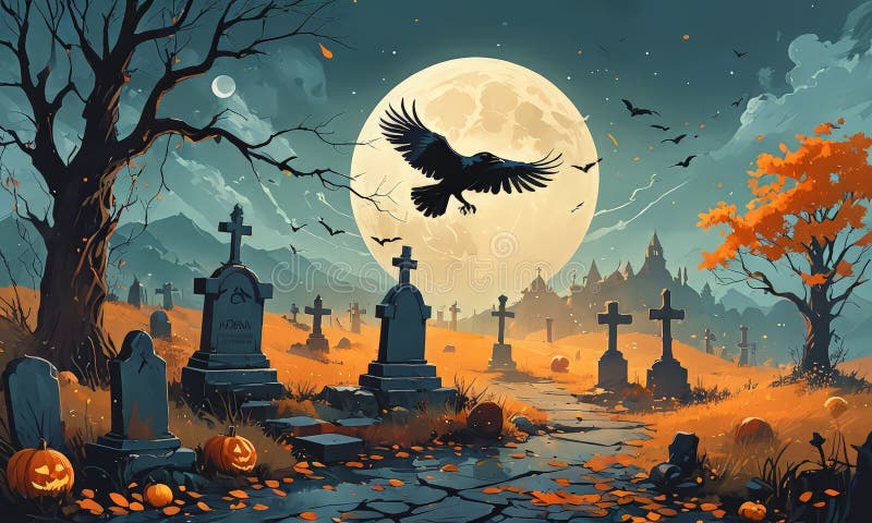 Halloween Night with Cemetery and Crow Stock Illustration ... Halloween Night with Cemetery and Crow Stock Illustration ...