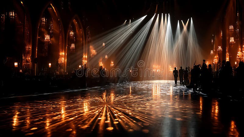 Stage Lighting and Spectators at Dark Event with Ornate Cathedral ...