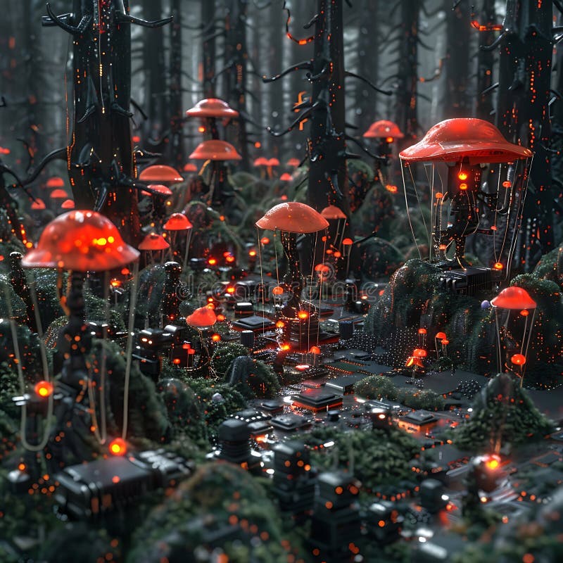 Futuristic Forest with High-Tech Mushrooms Stock Illustration ...
