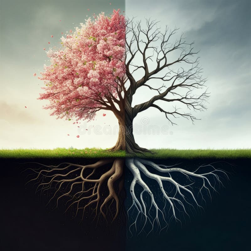 Half-blooming and Half-dying Tree with Deep Roots Representing Life and ...