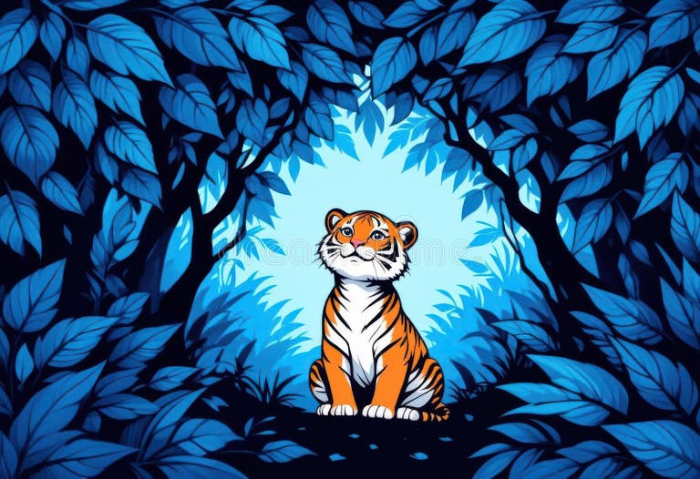 A Vector Art Illustration of a Baby Tiger Looking Up into a Dense ...