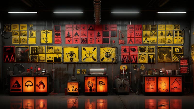 Vibrant Hazardous Symbols on Metal Wall in Industrial Laboratory Stock ...