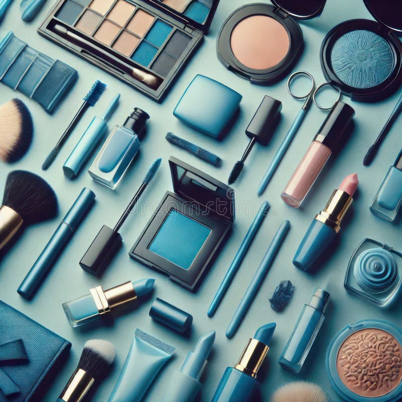 Elegant Blue-Themed Makeup Essentials Flat Lay with Coordinated Beauty ...