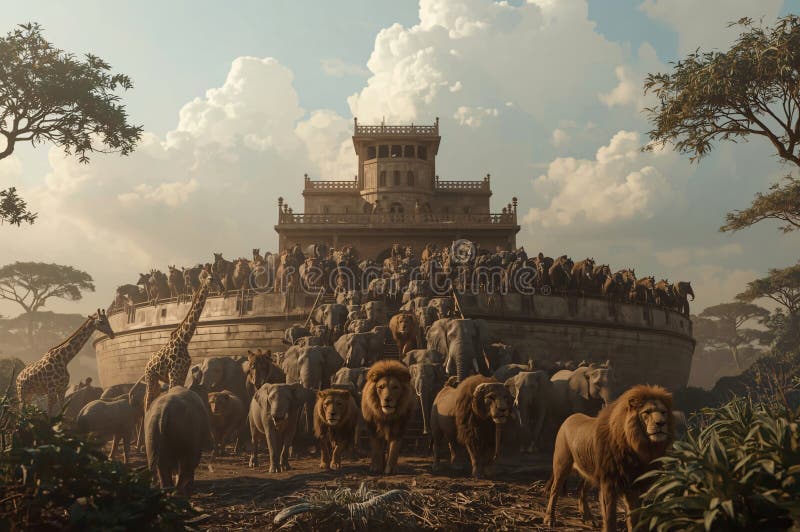 Noah S Ark: a Gathering of Animals Stock Illustration - Illustration of ...