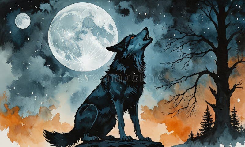 Wolf Sitting on Rock in Front Full Moon Stock Illustration ...