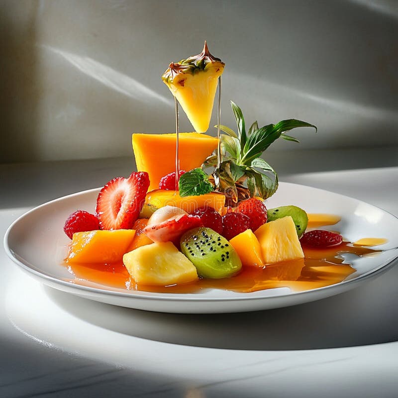 Deliciously Displayed Fruit Salad Drizzled with Syrup Stock Image ...