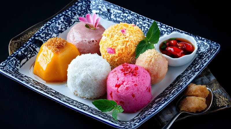 Colorful Array of Traditional Asian Desserts Served on Elegant Plate with Fresh Garnishes Stock ...