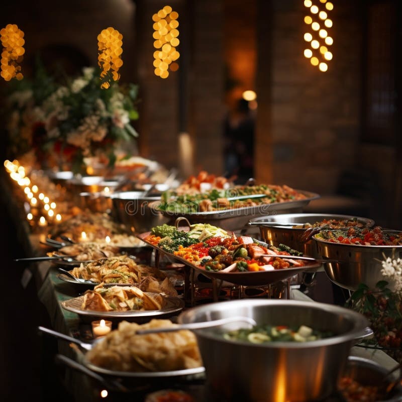 Visually Stunning Reception Buffet Setup Multiple Food Stations Stock ...