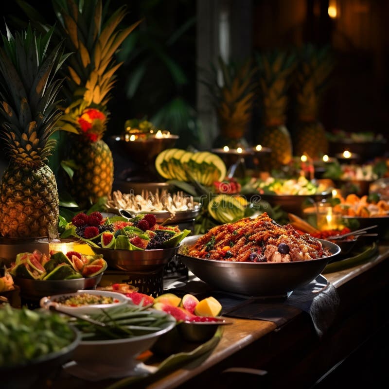 Visually Stunning Reception Buffet Setup with Multiple Food Stations ...
